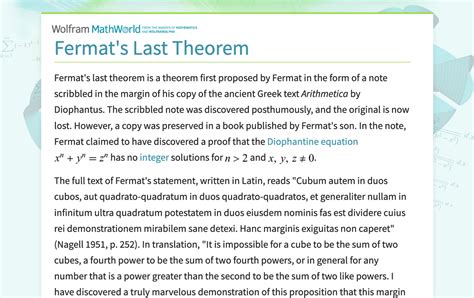 Fermats Last Theorem From Wolfram Mathworld
