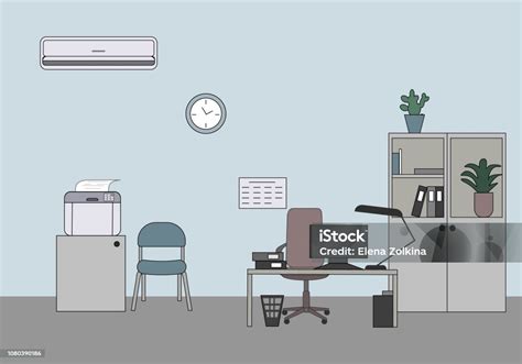 현대 직장입니다 사무실 책상 컴퓨터 식물 램프의 자 프린터 에어컨 및 캐비닛으로 작업 영역 만화 벡터 일러스트 레이 션 가구에