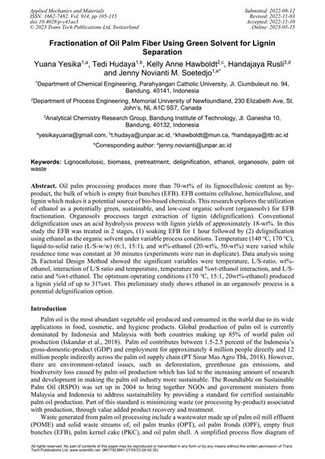Pdf Fractionation Of Oil Palm Fiber Using Green Solvent For Lignin