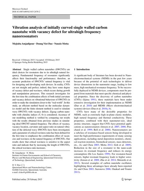 Pdf Vibration Analysis Of Initially Curved Single Walled Carbon Nanotube With Vacancy Defect