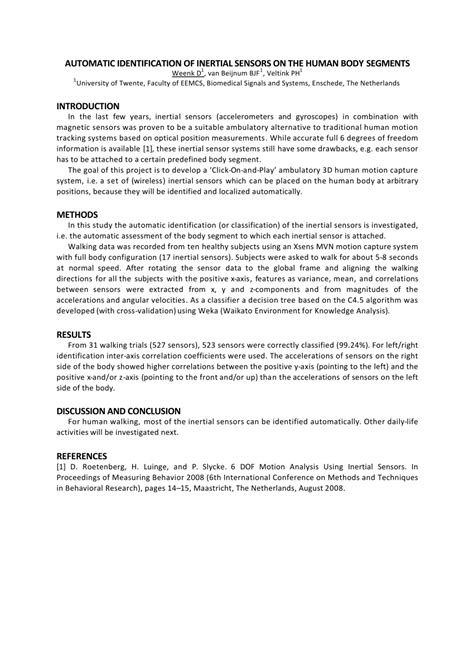 Pdf Automatic Identification Of Inertial Sensors On The Human Body Segments