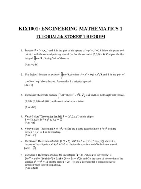 Tutorial 14 Stokes Theorem Pdf Social Science Science And Mathematics