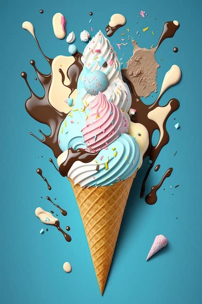 파란색 배경에 상위 뷰 아이스크림 콘 프리미엄 사진