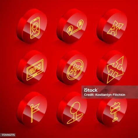 라인 도시지도 내비게이션 경로 위치 도로 교통 표지판 Gps 장치 위치 마커 및 푸시 핀 아이콘을 설정합니다 벡터 3차원 형태에 대한 스톡 벡터 아트 및 기타 이미지