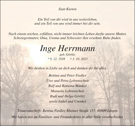 Traueranzeigen Von Inge Herrmann Noz Trauerportal