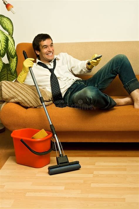 Happy man with mop stock image. Image of plastic, gloves - 15069423