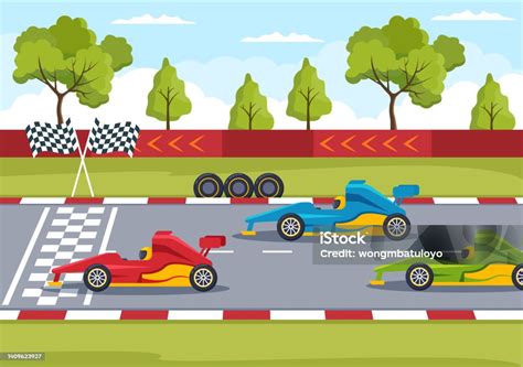 포뮬러 레이싱 스포츠카 레이스 서킷에 도달 결승선 만화 일러스트 레이 션은 플랫 스타일 디자인으로 챔피언십에서 우승합니다 경주용 자동차 자동차에 대한 스톡 벡터 아트 및