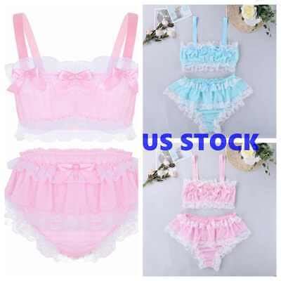 Mens Ruffled Chffion Nightwear Girly Bra Sissy Panties 2 Piece