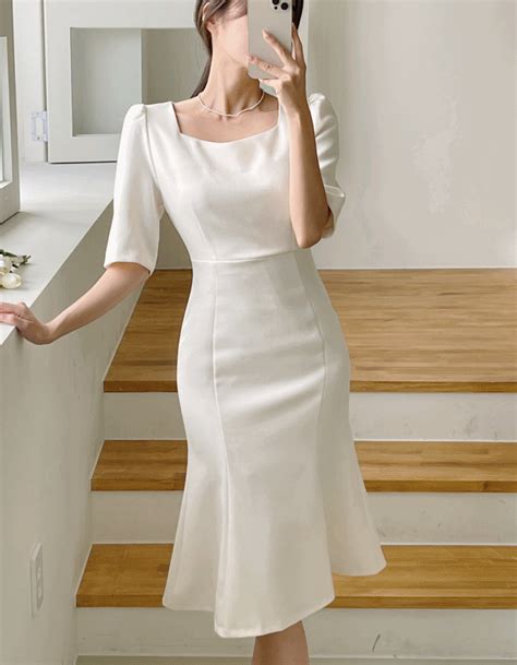 리아 스퀘어넥 원피스아이보리 머메이드 미디 반팔 브라이덜샤워 피로연 2부 촬영 스냅 원피스 에이블리