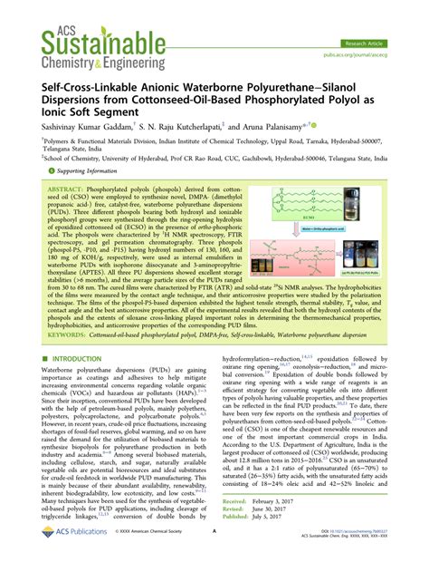 Pdf Self Cross Linkable Anionic Waterborne Polyurethane Silanol Dispersions From Cottonseed