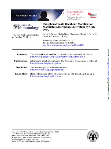 Pdf Phosphorothioate Backbone Modification Modulates Macrophage Activation By Cpg Dna