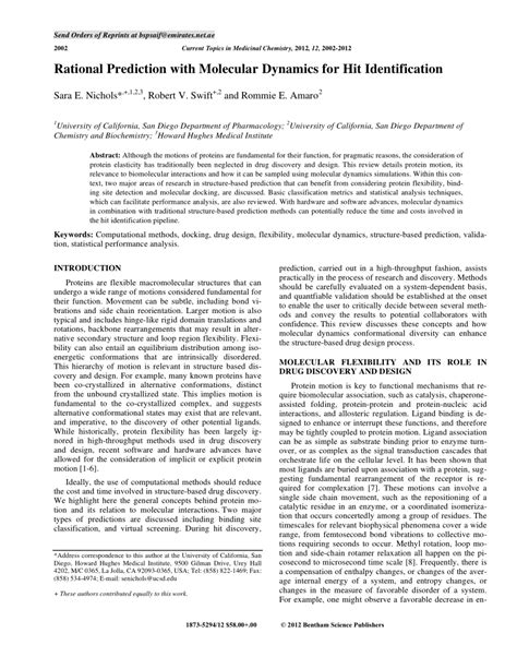 Pdf Structure Based Prediction With Molecular Dynamics For Hit Identification