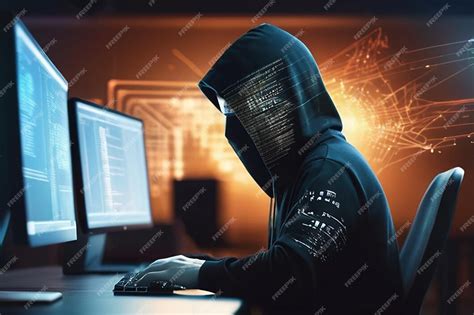 Premium Photo Side View Of Hacker Using Computers At Desk With Creative Digital Programming