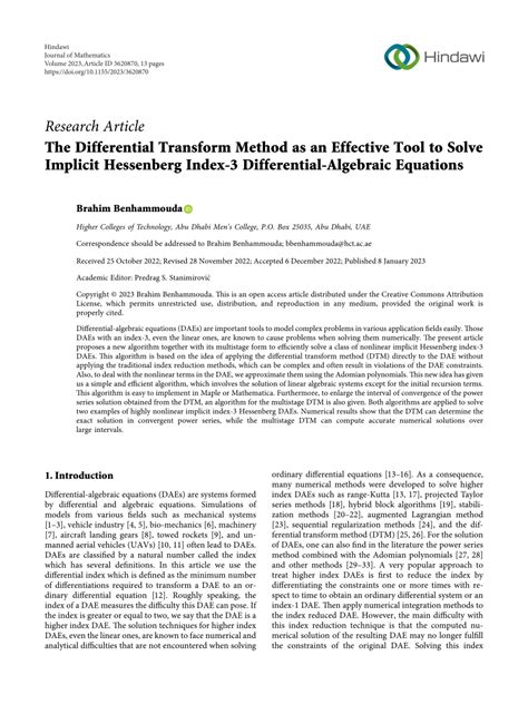 Pdf The Differential Transform Method As An Effective Tool To Solve Implicit Hessenberg Index