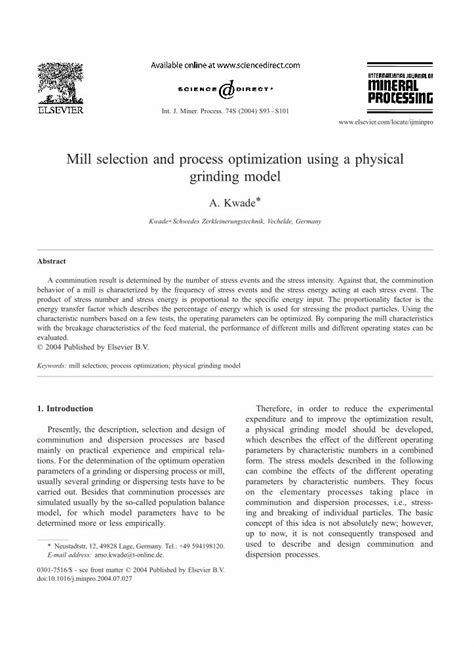 Pdf Mill Selection And Process Optimization Using A Physical Grinding