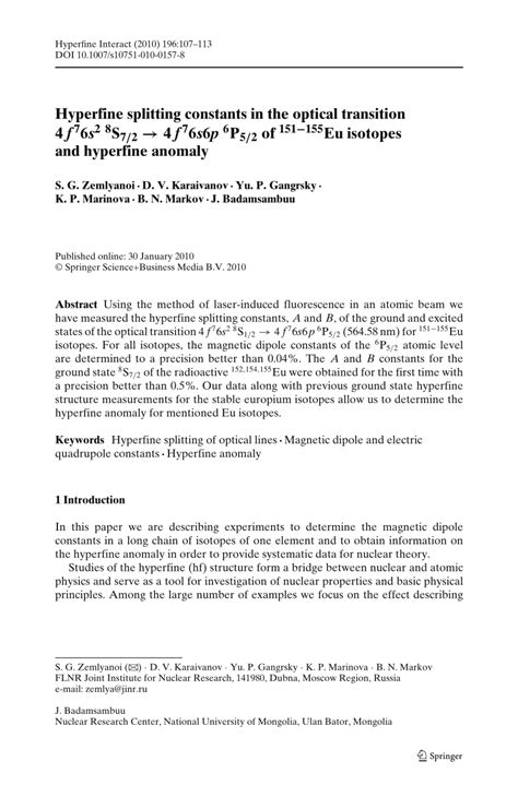 Pdf Hyperfine Splitting And Isotope Shift In The Optical Transition
