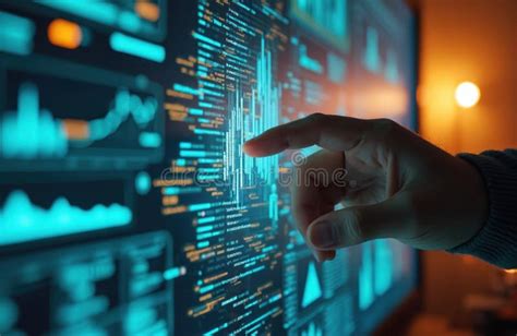 Finger Touches Glowing Graph On Interactive Screen Person Analyzes Financial Data Using Modern
