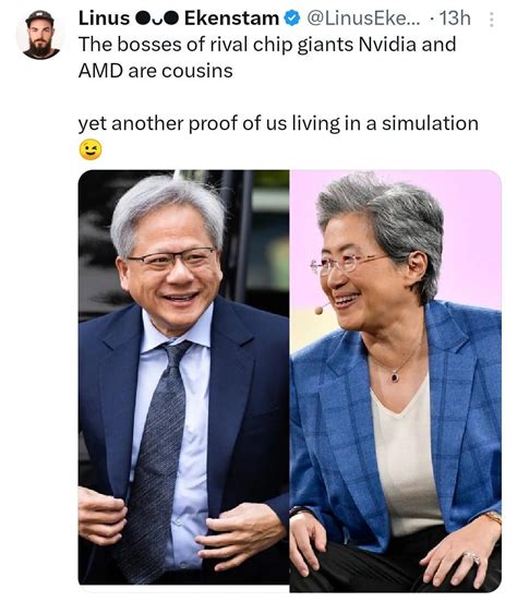 Jensen Huang, CEO and founder of Nvidia and Lisa su, President and CEO of AMD are cousins. : r ...