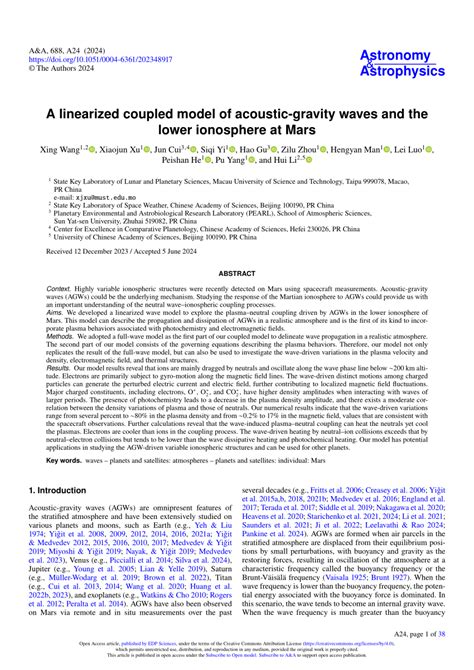 Pdf A Linearized Coupled Model Of Acoustic Gravity Waves And The Lower Ionosphere At Mars