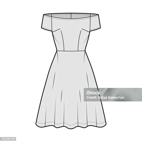 드레스 오프 숄더 바르도 테크니컬 패션 일러스트레이션 반소매 무릎 길이 세미 원형 스커트 세트 0명에 대한 스톡 벡터 아트 및 기타 이미지 Istock