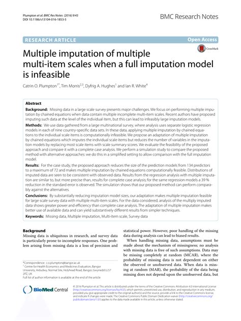 PDF Multiple Imputation Of Multiple Multi Item Scales When A Full Imputation Model Is Infeasible
