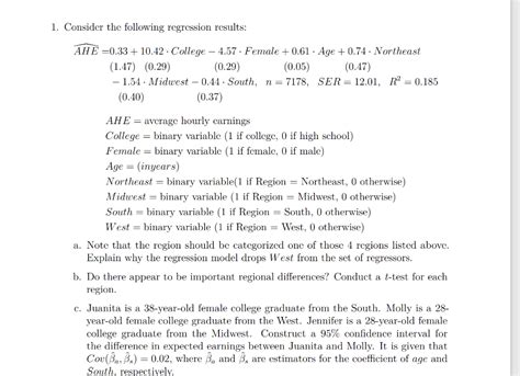 Solved 1 Consider The Following Regression Results Ahe
