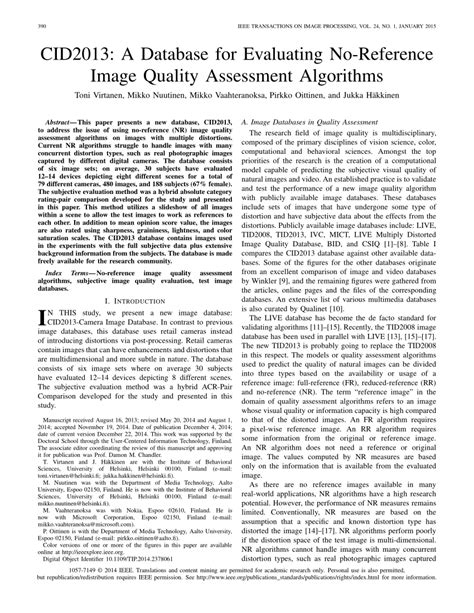 Pdf Cid2013 A Database For Evaluating No Reference Image Quality Assessment Algorithms