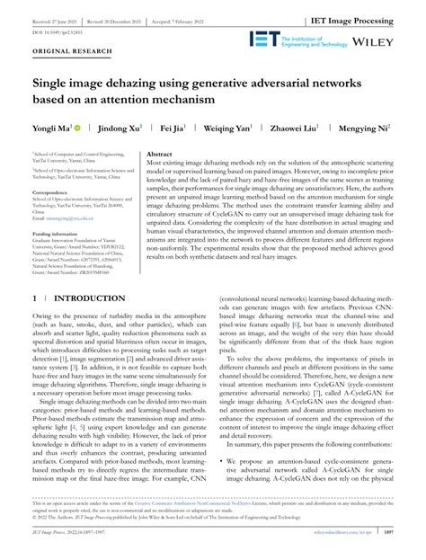 Pdf Single Image Dehazing Using Generative Adversarial Networks Based