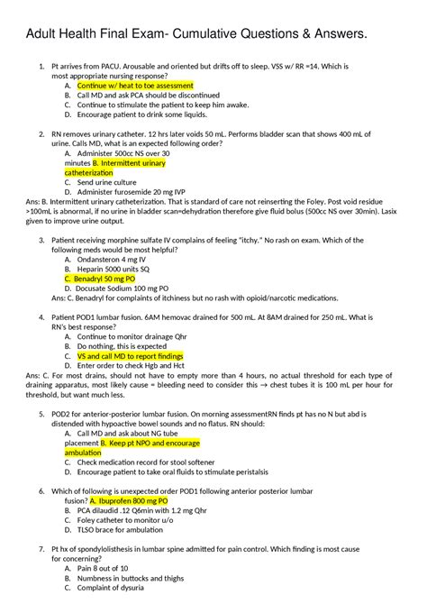 Adult Health Final Exam Cumulative Questions Answers Exams Nursing Docsity