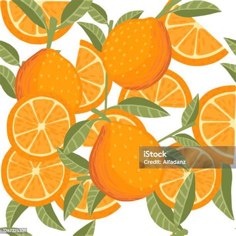 오렌지 감귤류 옐로우 과일의 매끄러운 패턴은 전체 반으로 슬라이스하고 흰색 배경에 녹색 잎 평면 벡터 그림으로 슬라이스 0명에 대한 스톡 벡터 아트 및 기타 이미지 Istock