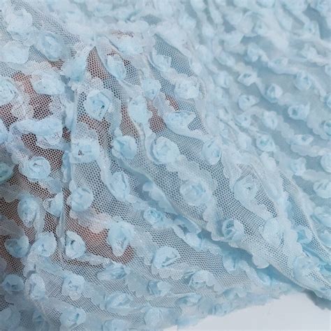 Sky Blue Lace Fabric 3d Chiffon Rose Floral Embroidery Soft Wedding