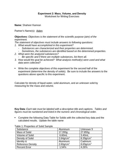 Expt2 Density Worksheet Pdf Density Experiment