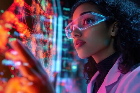 Futuristic Scientist Interacting With Holographic Data Interface