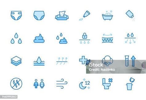 기저귀 라인 아이콘 세트입니다 아기 바지 기능 흡수 통기성 면 똥 오줌 목욕 최소 벡터 그림 기저귀 패키지에 대한 간단한 개요 표시 파란색 편집 가능한 획 아이콘에 대한