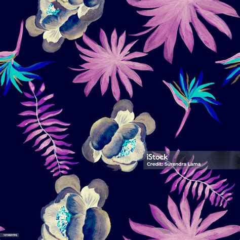 코발트 열대 예술 보라색 원활한 히비스커스 핑크 패턴 배경 보라색 드로잉 텍스처 해군 꽃 그림 푸른 장식 자연 장식 잎 0명에 대한 스톡 벡터 아트 및 기타 이미지 Istock
