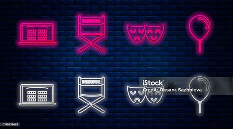 세트 라인 디렉터 영화 의자 코미디와 비극 연극 마스크 리본과 함께 온라인 영화 티켓과 풍선을 구입 벽돌 벽에 빛나는 네온