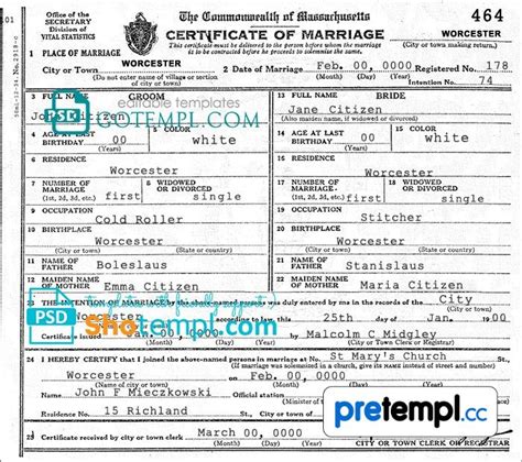 USA Massachusetts Marriage Certificate Example In PSD Format Pretempl