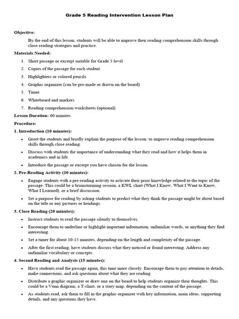 Reading Lesson Plan G5 Pdf Reading Comprehension Lesson Plan