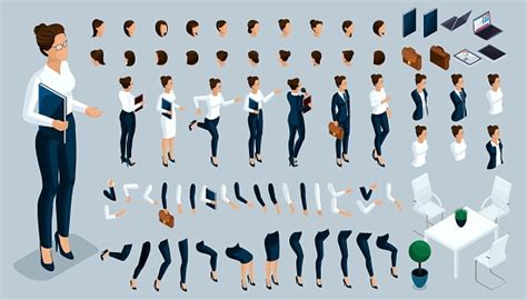 손 제스처 및 3d 비즈니스 여자 문자 엄격한 벌을 만들 여자의 피트의 대형 아이소메트릭 집합입니다 벡터를 위한 아이소메트릭 사람 만들기 남자에 대한 스톡 벡터 아트 및