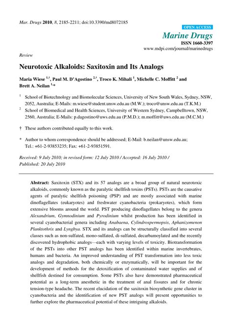 Pdf Neurotoxic Alkaloids Saxitoxin And Its Analogs