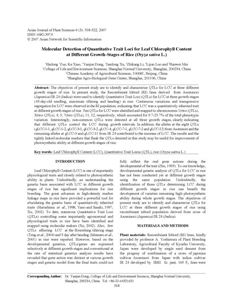 Pdf Molecular Detection Of Quantitative Trait Loci For Leaf