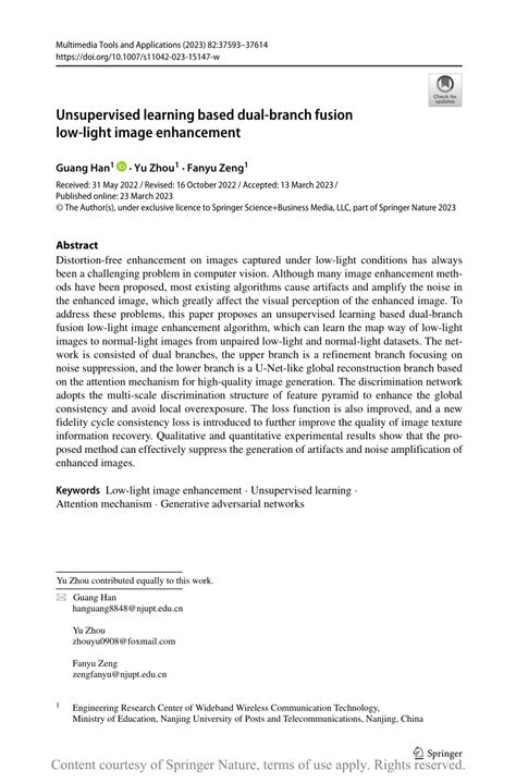 Unsupervised Learning Based Dual Branch Fusion Low Light Image Enhancement Request Pdf