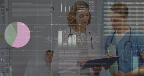 Image Of Data Processing Over Caucasian Doctors With Patient Stock
