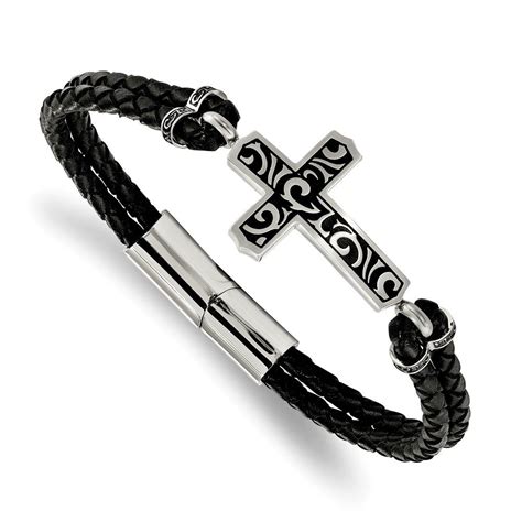 Solid Stainless Steel Mens Brushed Enameled Black Leather Cross 8