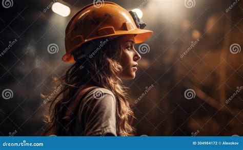 Portrait Of A Female Construction Worker In A Hardhat On A Dark Background Generative Ai Stock