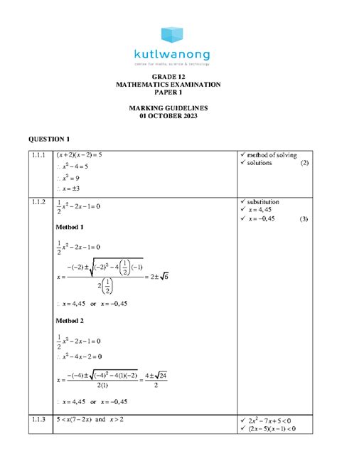Grade 12 Mathematics Paper 1 Memo 01 Oct 2023 Grade 1 2 Mathematics Examination Paper 1