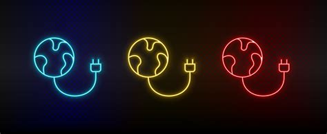 Neon Icon Set Charger Earth Eco Set Of Red Blue Yellow Neon Vector