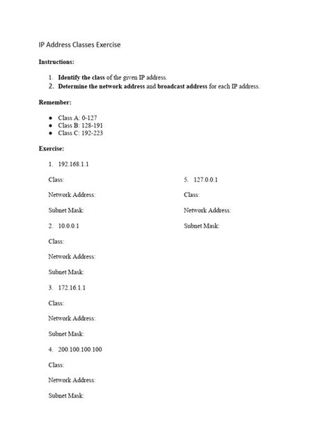 Ip Address Classes Exercise Pdf
