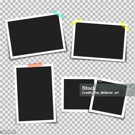 다른 색상과 종이 클립의 접착제 테이프와 사진 프레임 투명 한 배경에 다른 크기의 사진 현실적인 벡터 메이크업 검은색에 대한 스톡 벡터 아트 및 기타 이미지 Istock