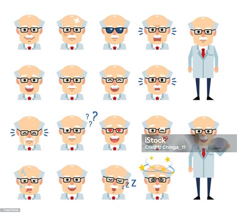 다양 한 표정을 보여주는 교수 이모티콘 세트 행복 하 고 슬픈 화가 웃음 놀라게 피곤 사랑과 다른 감정 미친 과학자에 대한 스톡 벡터 아트 및 기타 이미지 Istock